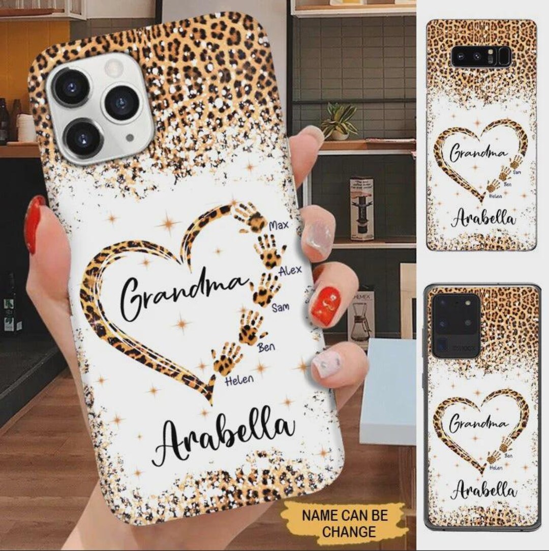 Leopard Pattern Heart With Hands Grandma and Grandkids Personalized ...