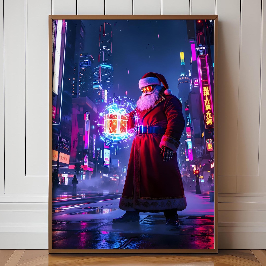Cyberpunk Santa Hologram Gift Art Print Futuristic Christmas Decor Holiday Artwork Modern Santa ...