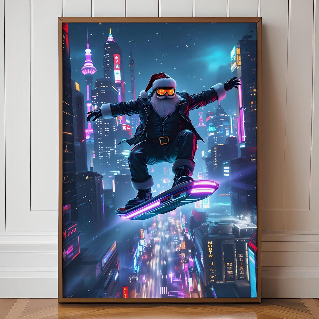 Cyberpunk Santa Art Print Futuristic Christmas Wall Decor Digitaldruck ...