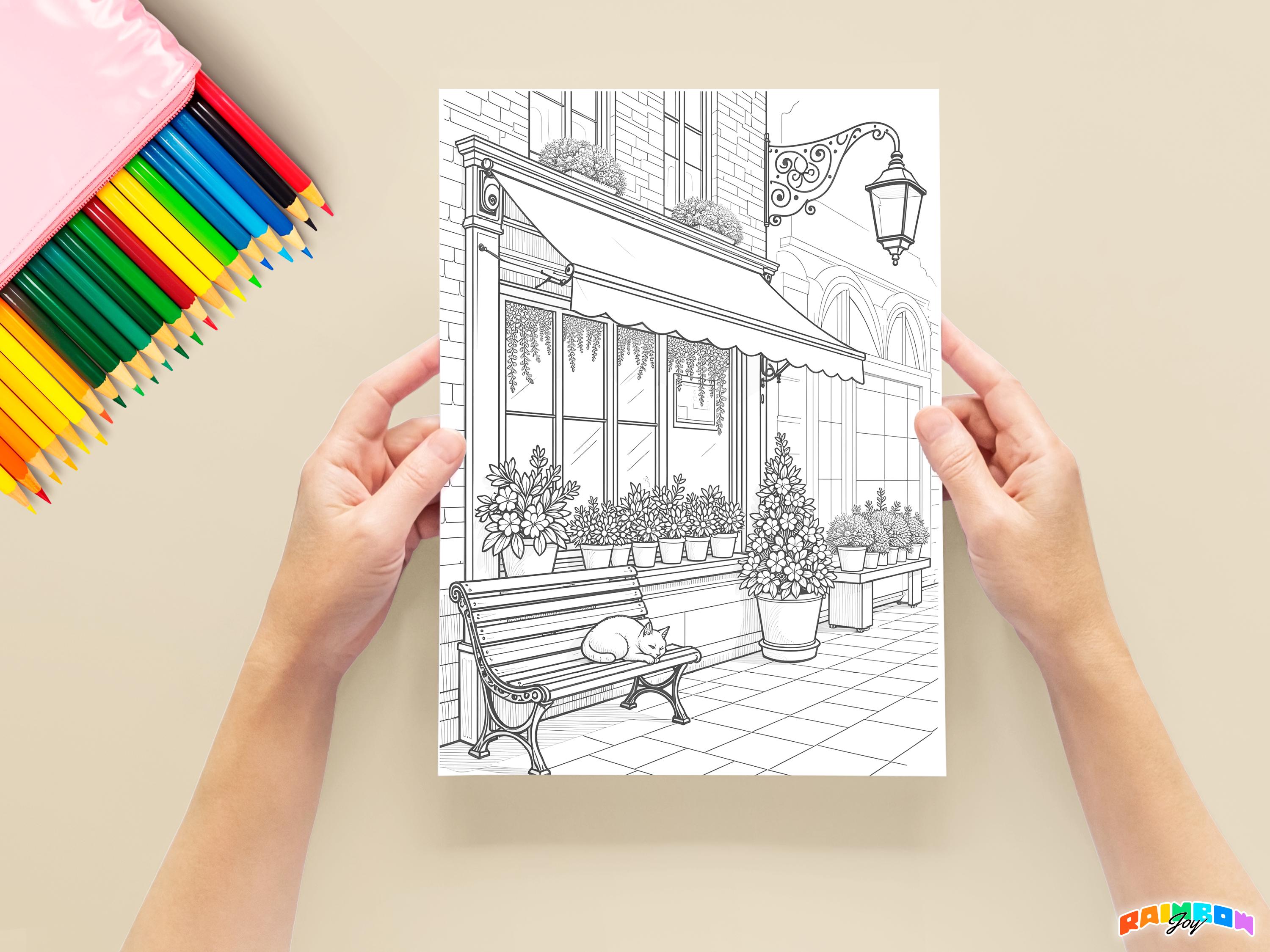 28 Florist Storefront: Coloring Book, Charming Flower Shop Pages for ...