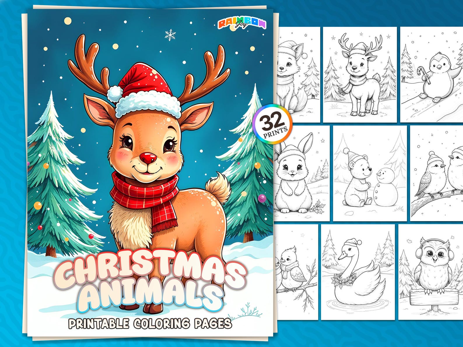 32 Christmas Animals: Coloring Book, Cute Festive Coloring Pages ...