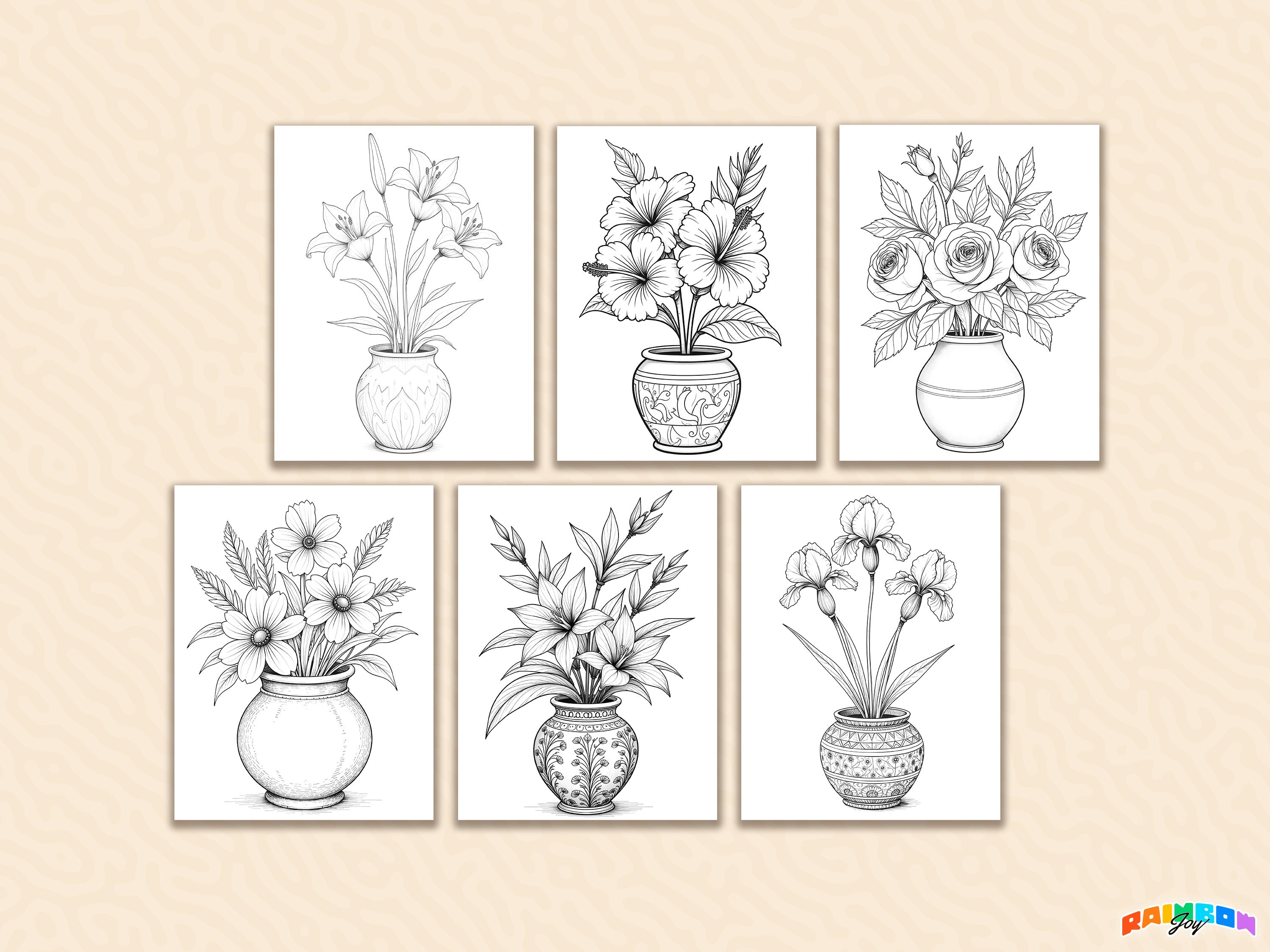 75 Floral Pots: Coloring Book, Botanical Flower Pot Coloring Pages ...