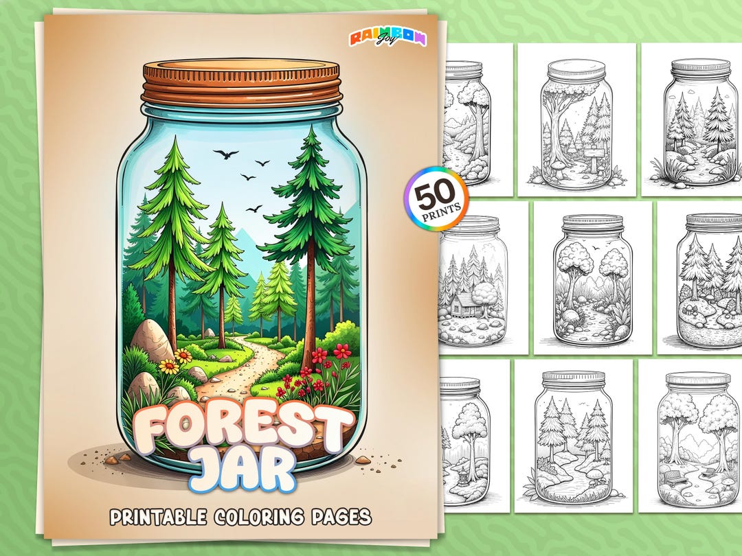 50 Forest Jar: Coloring Book, Enchanting Nature Forest Coloring Pages ...