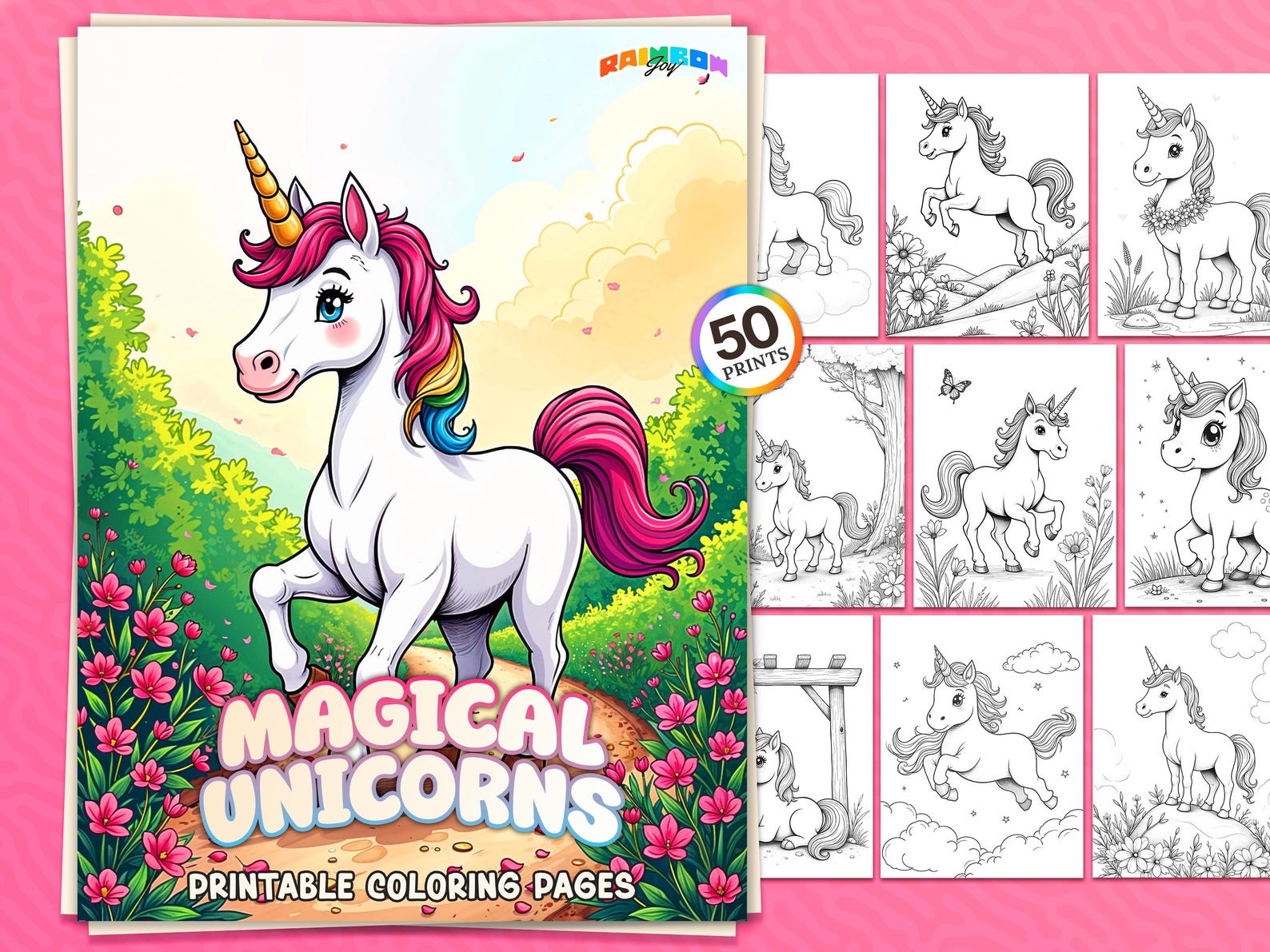 50 Magical Unicorns: Coloring Book, Fantasy Coloring Pages, Printable ...
