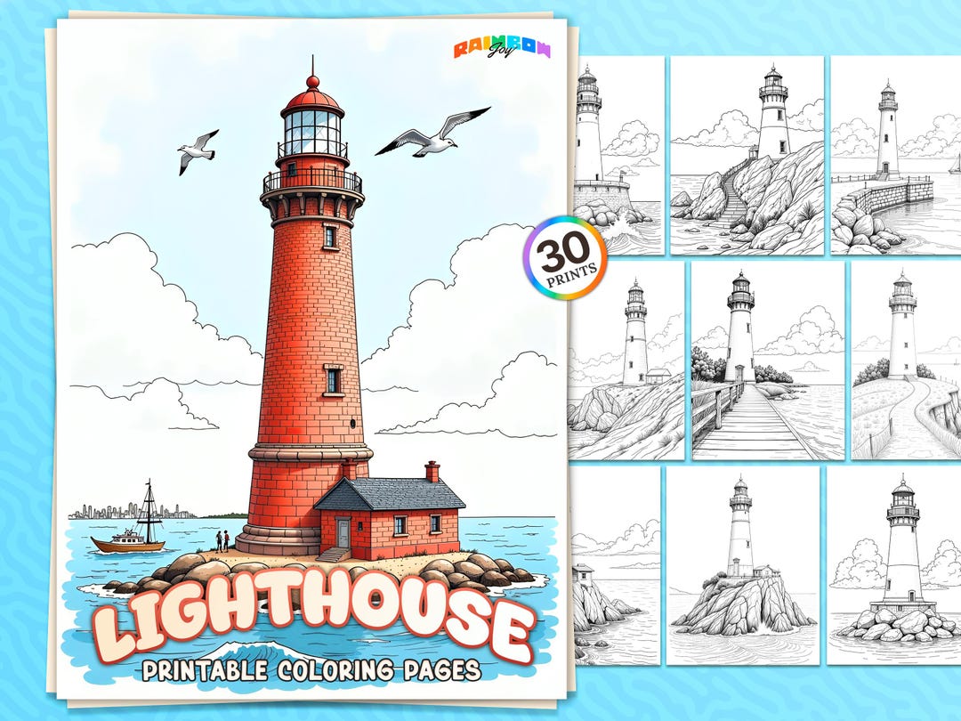 30 Lighthouse: Coloring Book, Coastal Beacon Pages for Adults and Kids ...