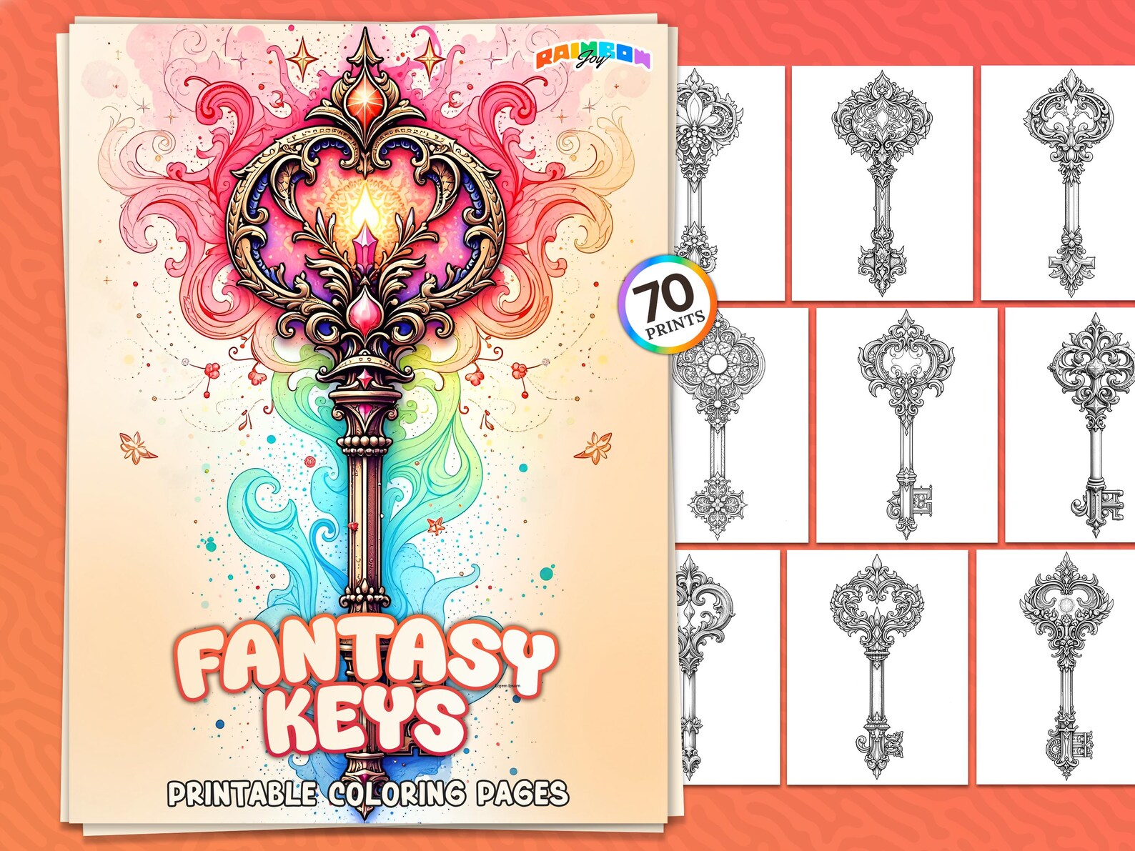 70 Fantasy Keys: Coloring Book, Magical Coloring Pages, Printable PDF ...