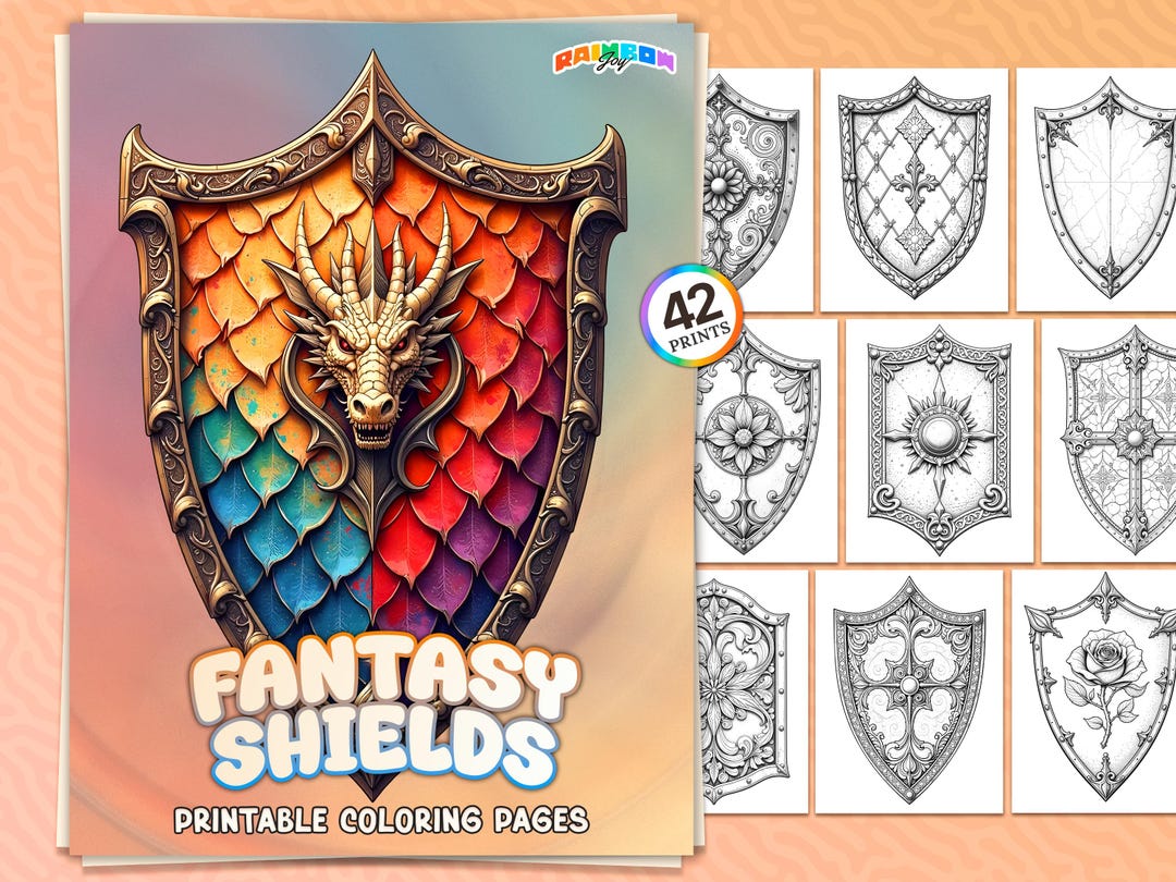 42 Fantasy Shields: Coloring Book, Magical Knight Shield Coloring Pages ...