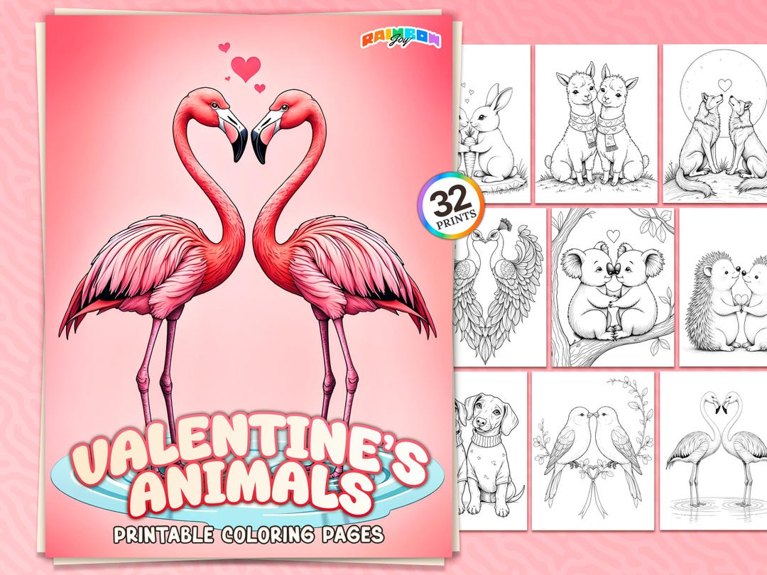 32 Valentines Day Animals: Coloring Book, Cute Romantic Animal Coloring ...