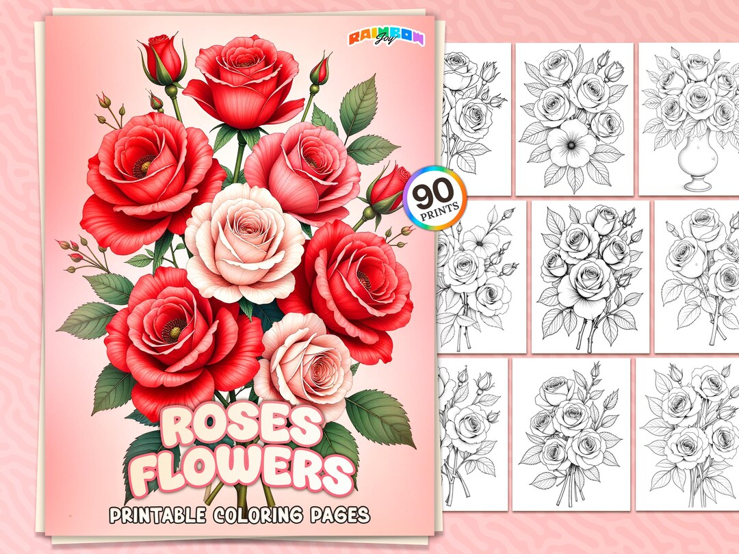 90 Roses Flowers: Coloring Book, Beautiful Rose Coloring Pages ...