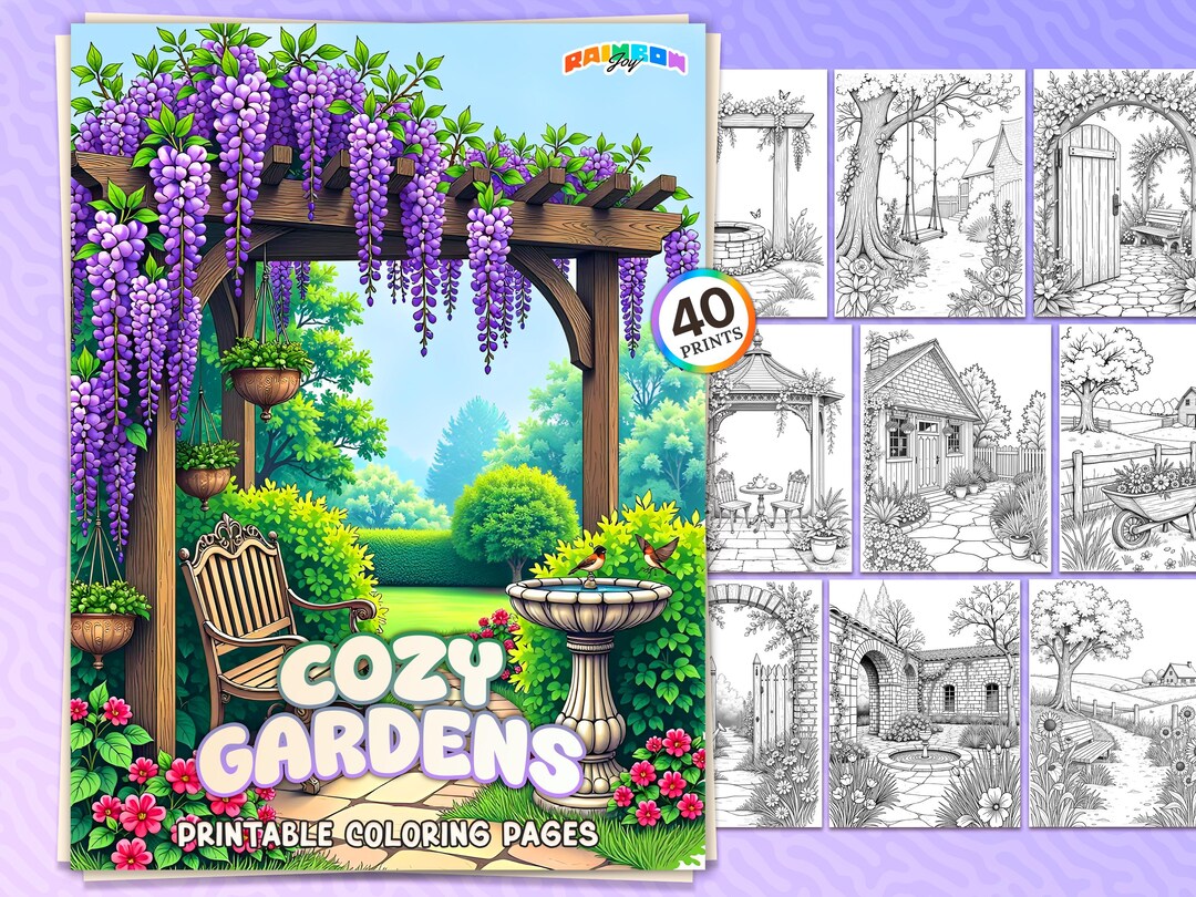 40 Cozy Gardens: Coloring Book Charming Flower Backyard Scenes ...