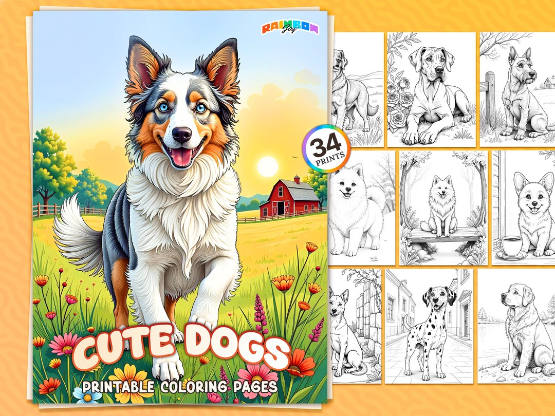 34 Cute Dogs: Coloring Book Adorable Puppy Pages for Kids and Adults ...