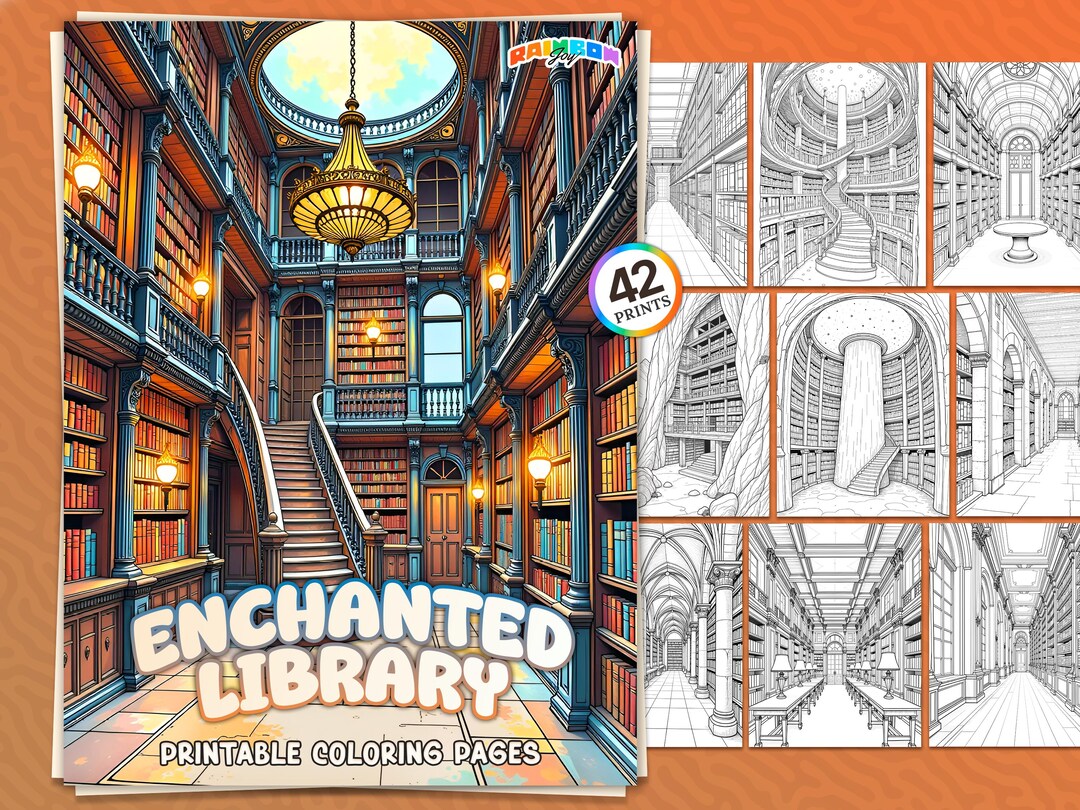 42 Enchanted Library: Coloring Book, Magic Books & Shelves Coloring ...