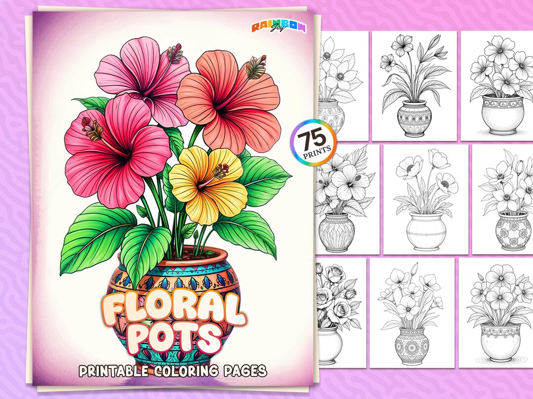 75 Floral Pots: Coloring Book, Botanical Flower Pot Coloring Pages ...