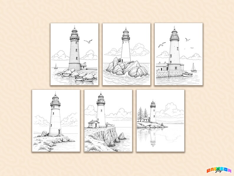 30 Lighthouse: Coloring Book, Coastal Beacon Pages for Adults and Kids ...
