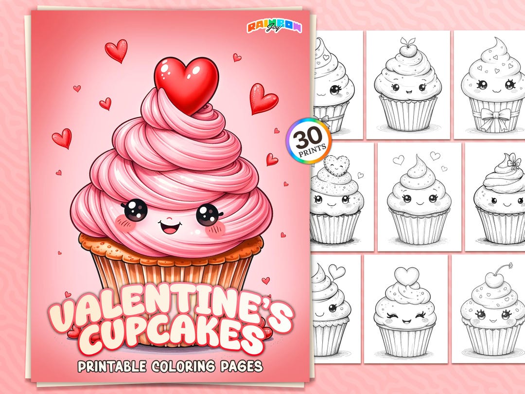 30 Valentines Cupcakes: Coloring Book, Cute Kawaii Cupcake Pages ...