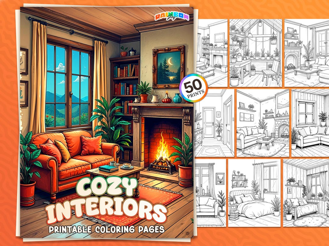 50 Cozy Interiors: Coloring Book, Stress Relief Coloring Pages for ...