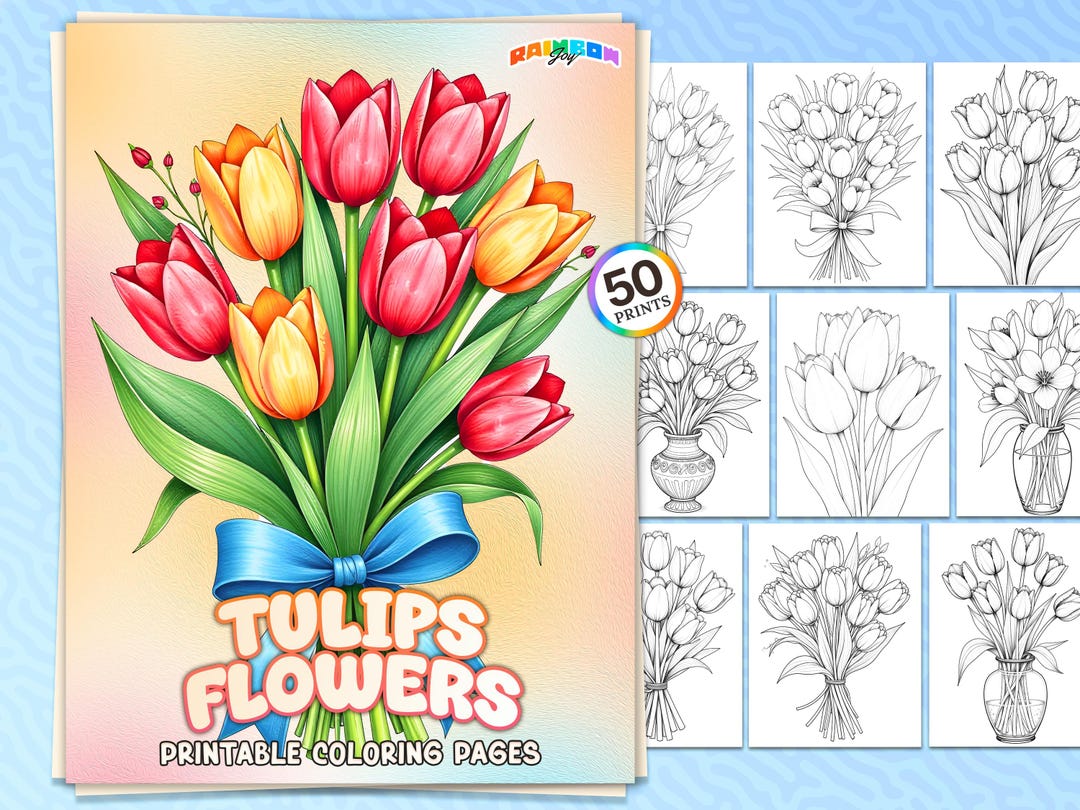 50 Tulips Flowers: Coloring Book, Botanical, Floral Coloring Pages ...