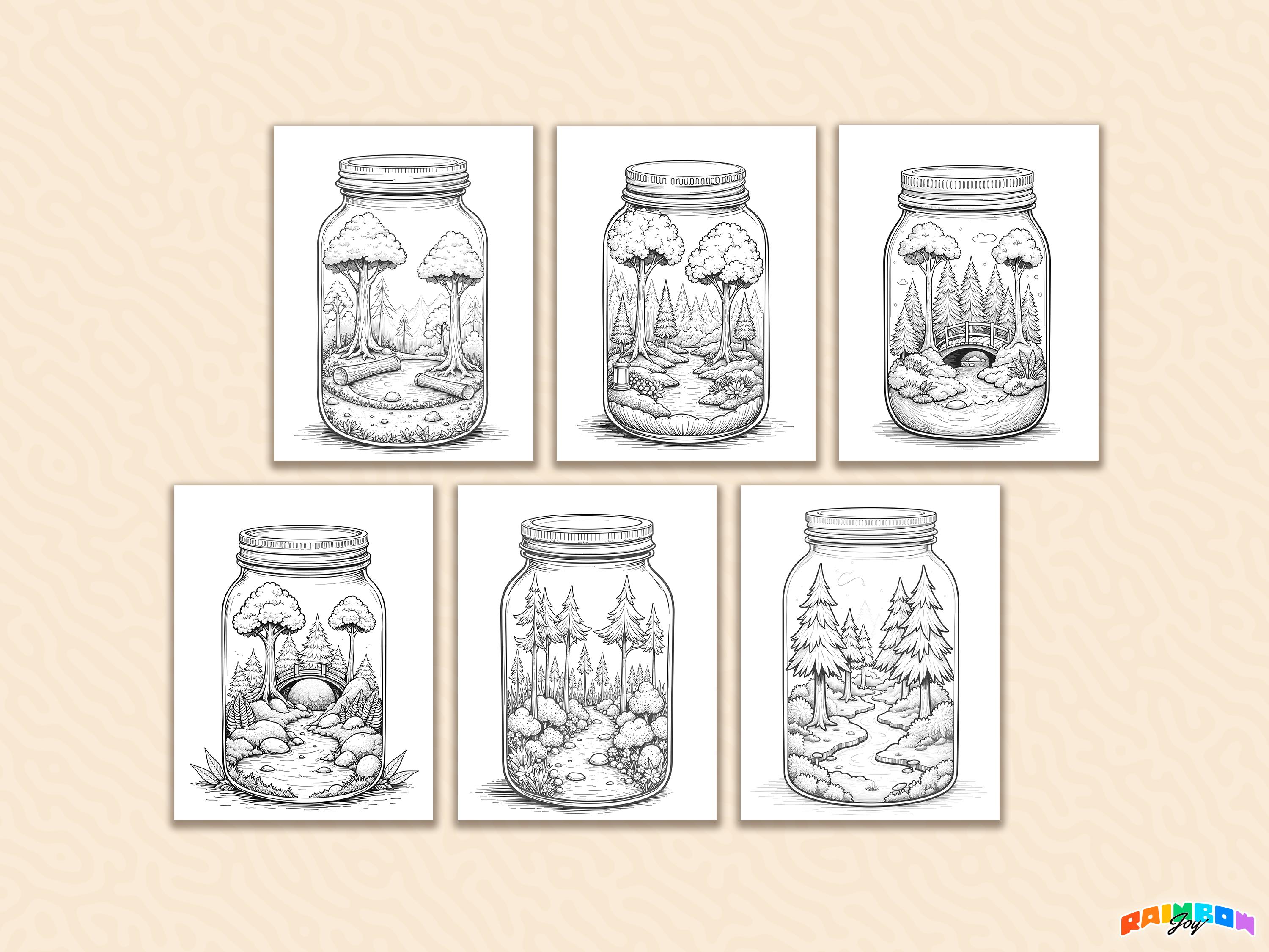 50 Forest Jar: Coloring Book, Enchanting Nature Forest Coloring Pages ...