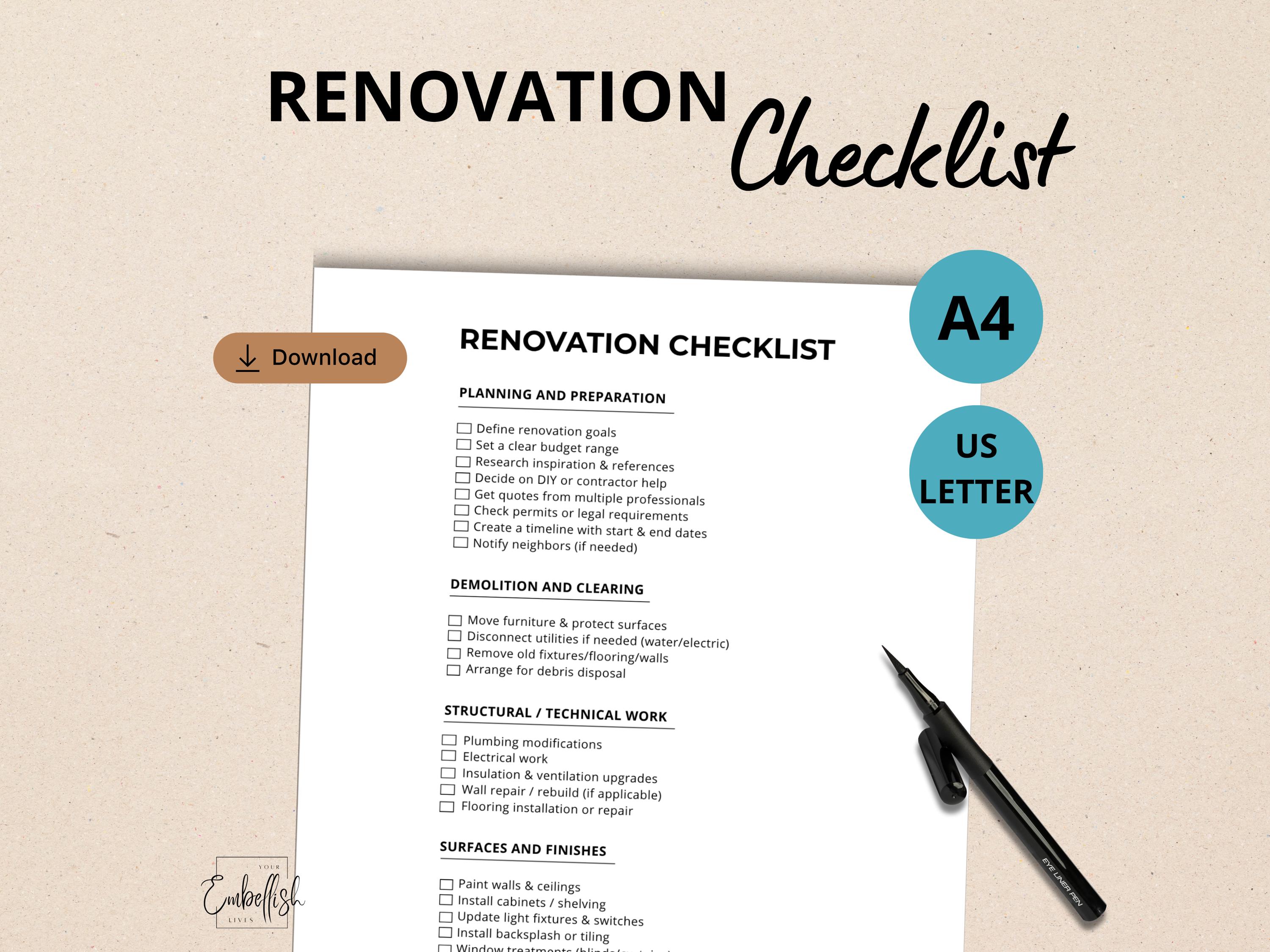 Renovation Checklist, Remodel Template, DIY Home Plan, House Renovation ...
