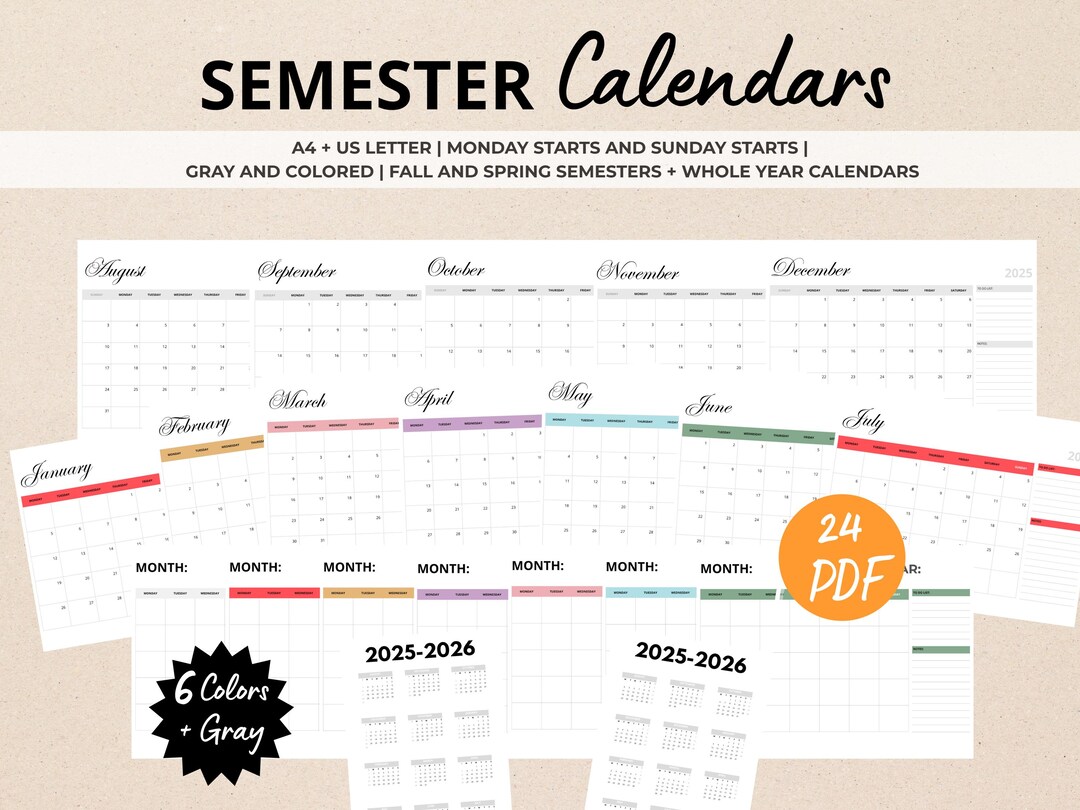 Semester Calendars, September Calendars, Fall and Spring, Academic Year ...