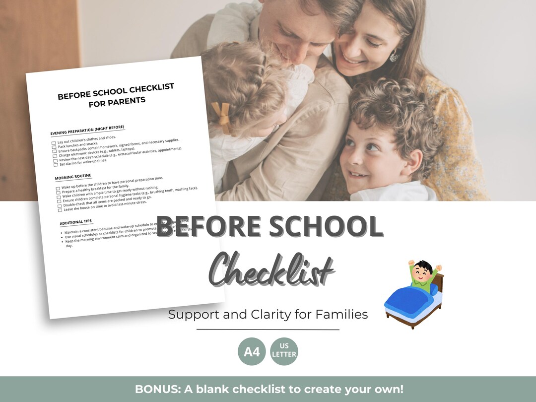 Before School Checklist, Night Before Reminders, Morning Routine Kids ...