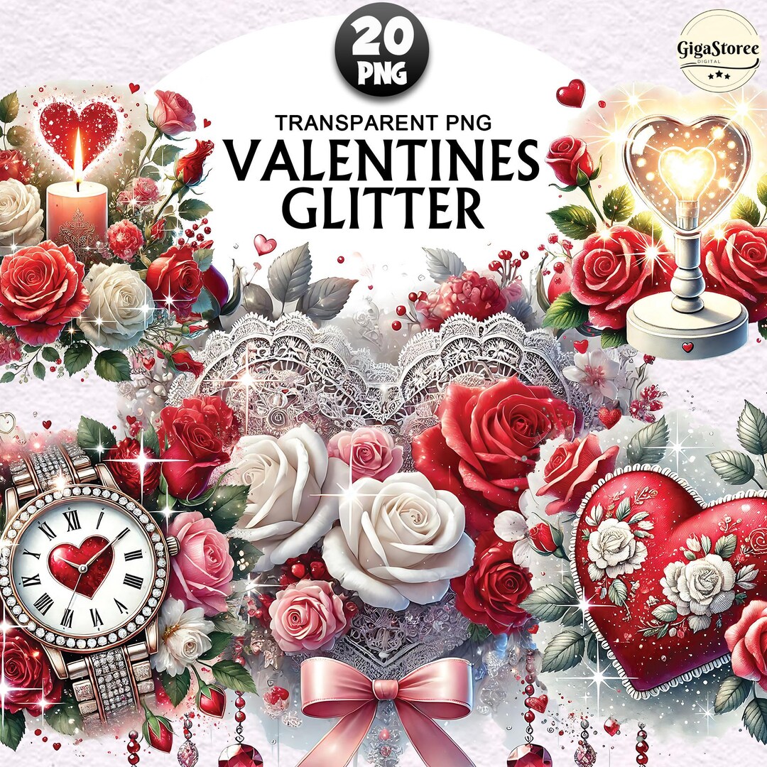 20 Watercolor Valentines Glitter Clipart, Valentines Glitter Png Bundle ...