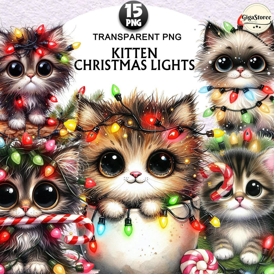 15 Watercolor Kitten Christmas Lights Clipart, Cats Christmas Png ...