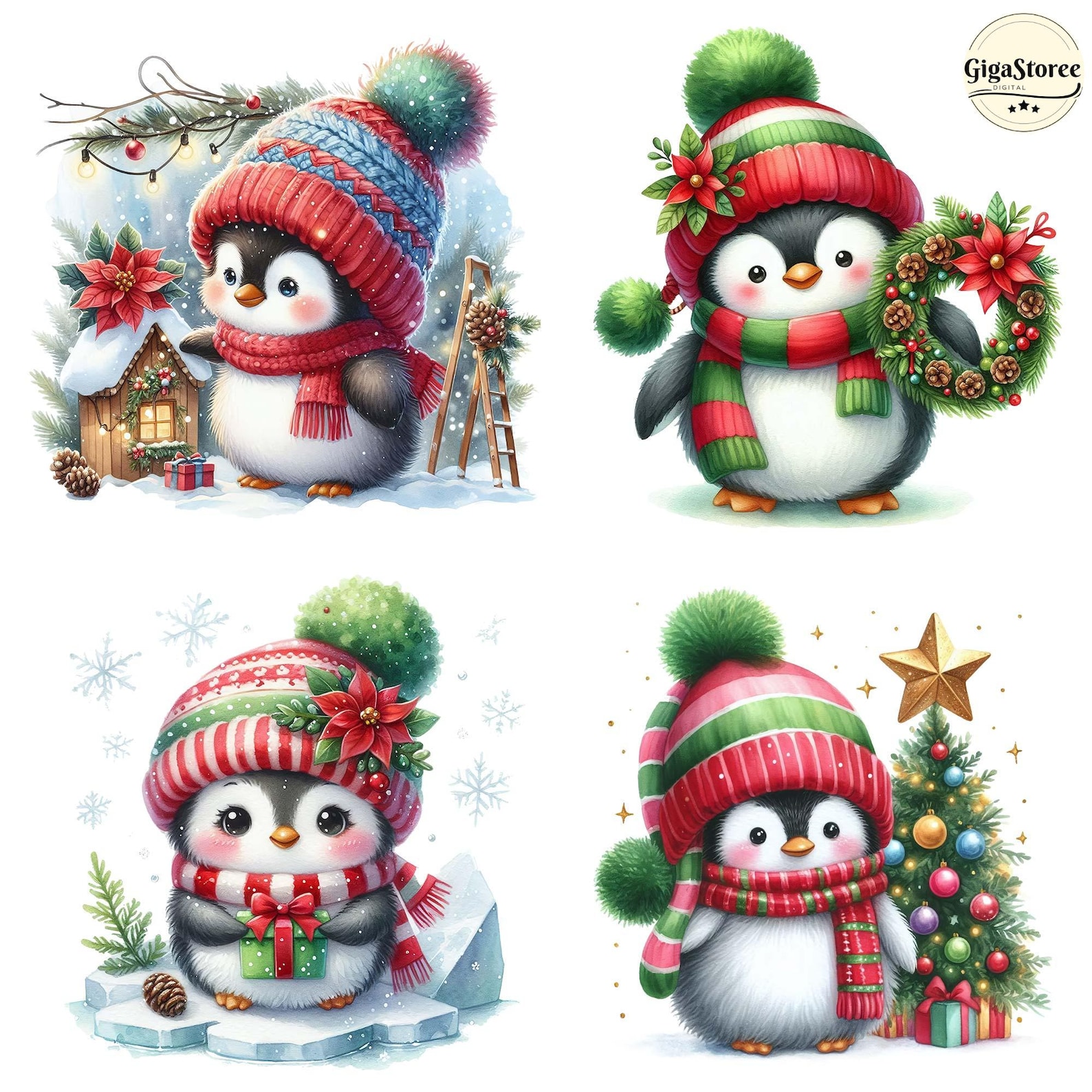 10 Watercolor Winter Penguin Clipart, Christmas Penguin Png Bundle ...