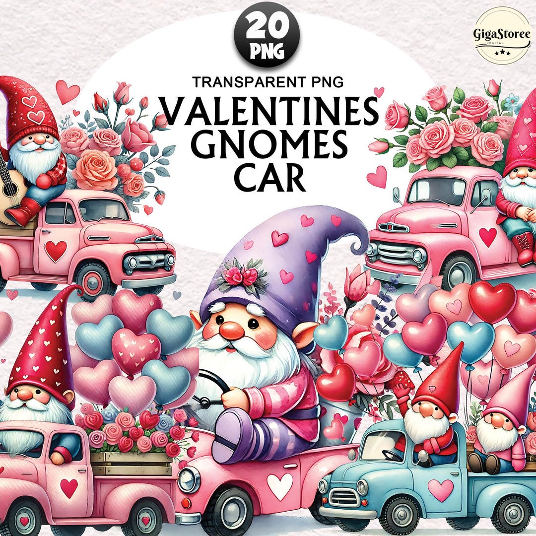 20 Watercolor Valentines Gnomes Car Clipart, Gnomes Car Png Bundle ...