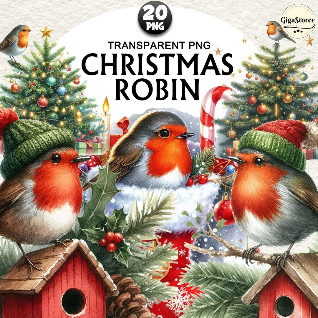 20 Watercolor Christmas Robin Clipart, Christmas Bird Png Bundle ...