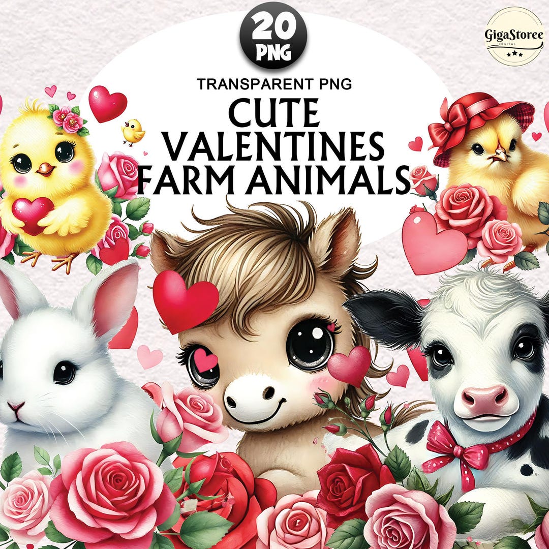 20 Watercolor Cute Valentines Farm Animals Clipart, Farm Animal Png ...