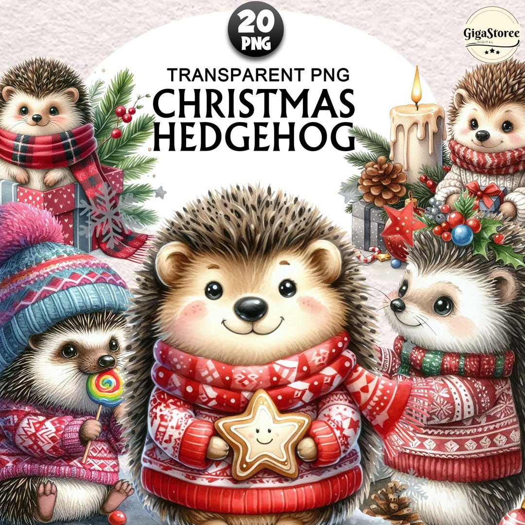 20 Watercolor Christmas Hedgehog Clipart, Baby Hedgehog Xmas Png Bundle ...