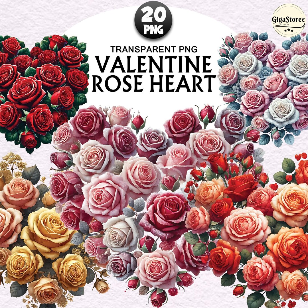 20 Watercolor Valentine Rose Heart Clipart, Rose Heart Png Bundle ...