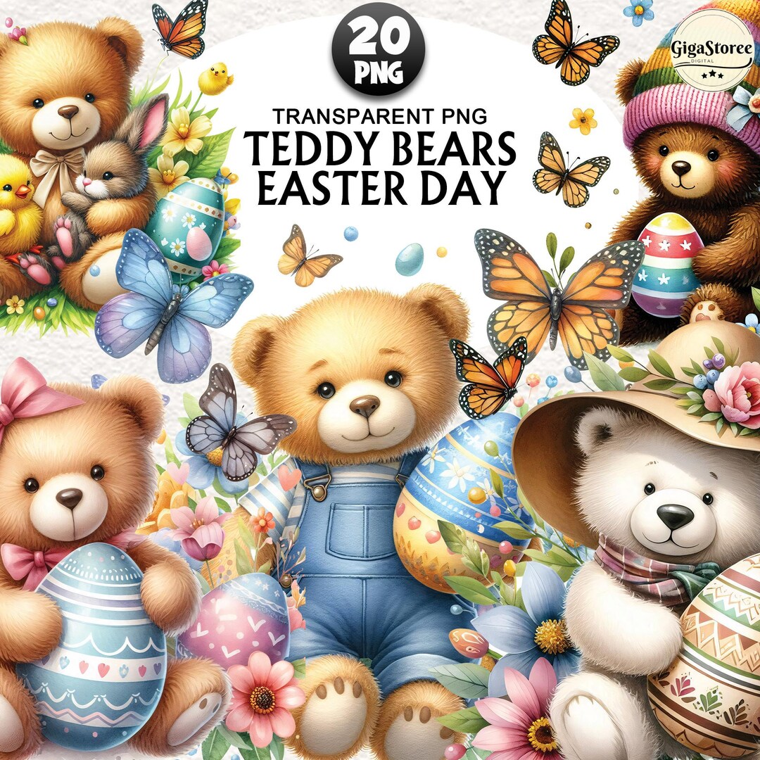 20 Watercolor Easter Teddy Bears Bundle Clipart PNG, Cute Baby Bear PNG ...