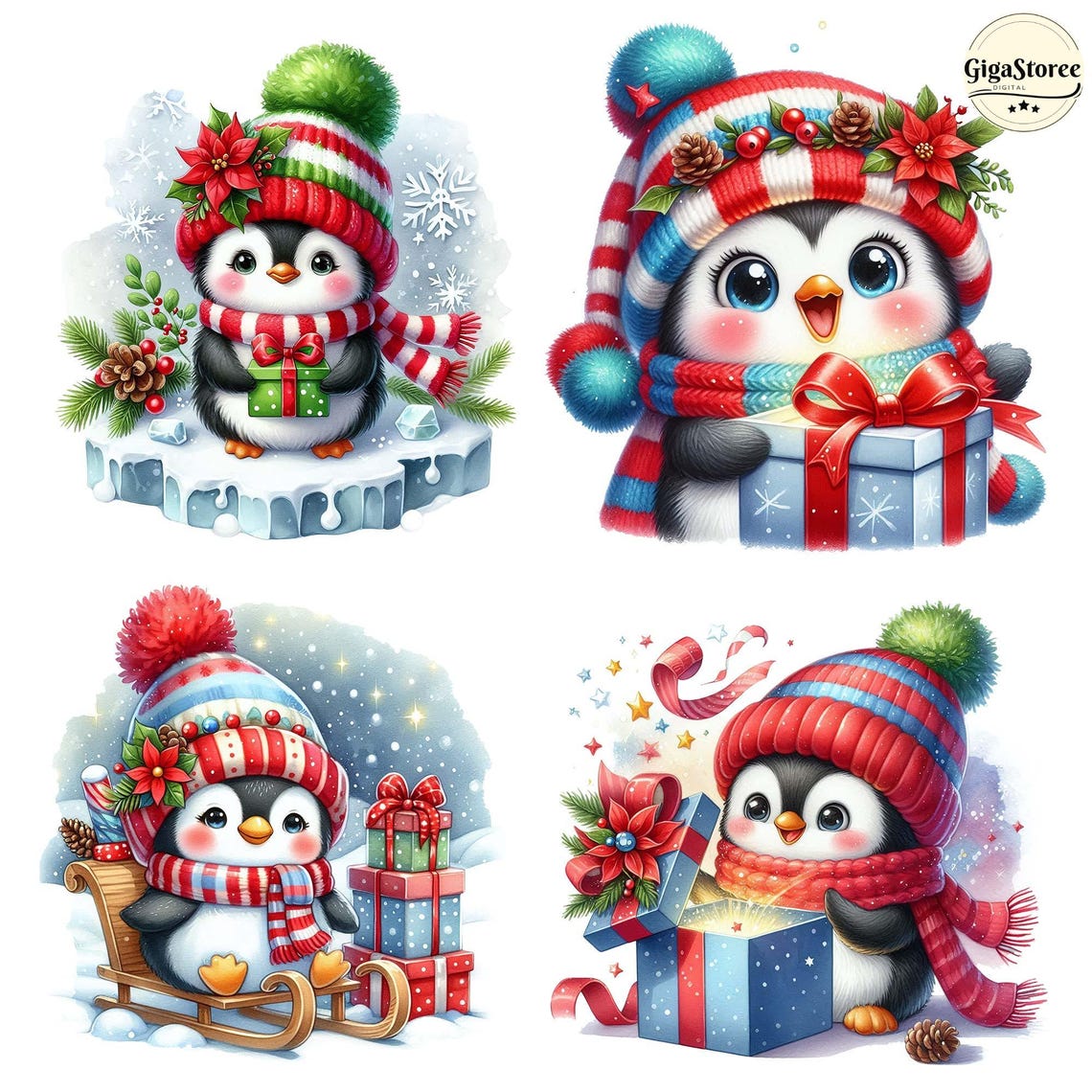 10 Watercolor Winter Penguin Clipart, Christmas Penguin Png Bundle ...