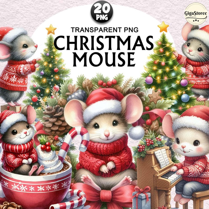 20 Watercolor Christmas Mouse Clipart, Cute Christmas Mouse Png Bundle ...