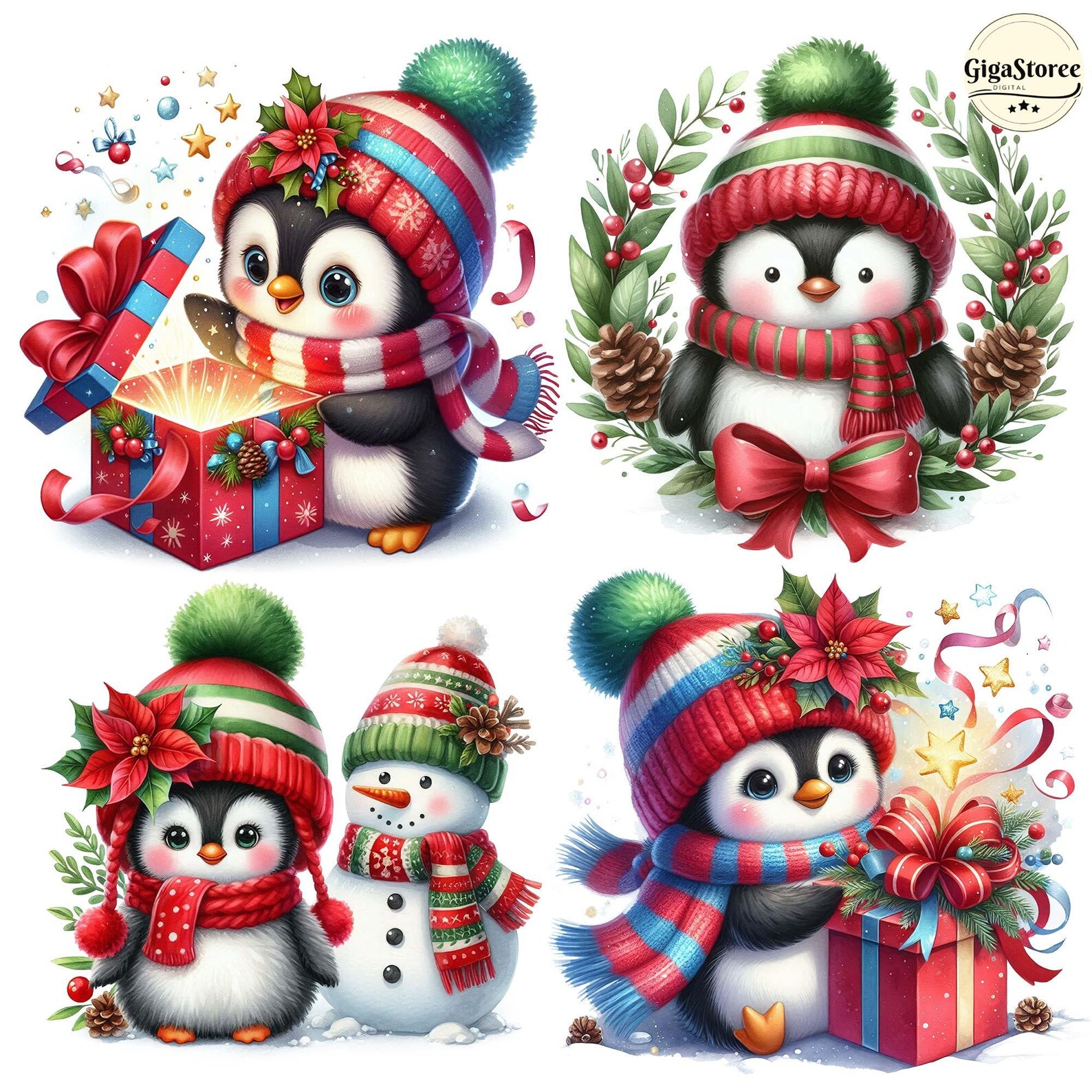 10 Watercolor Winter Penguin Clipart, Christmas Penguin Png Bundle ...