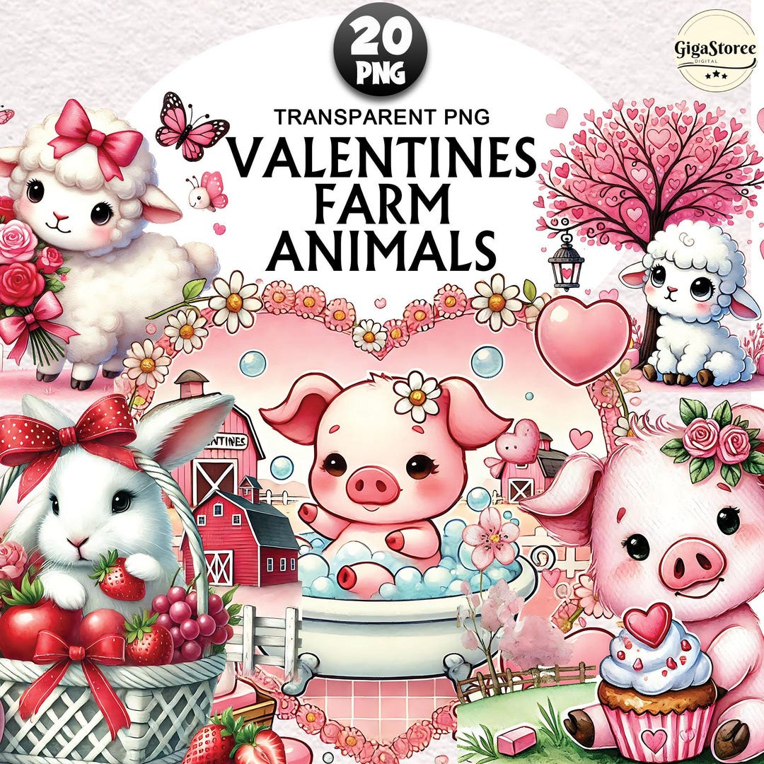 20 Watercolor Valentines Farm Animals Clipart, Farm Animal Png Bundle ...