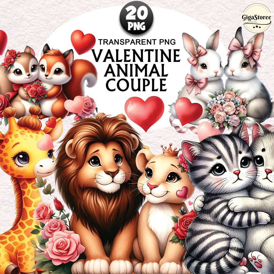 20 Watercolor Valentine Animal Couple Clipart, Animal Couple Png Bundle ...
