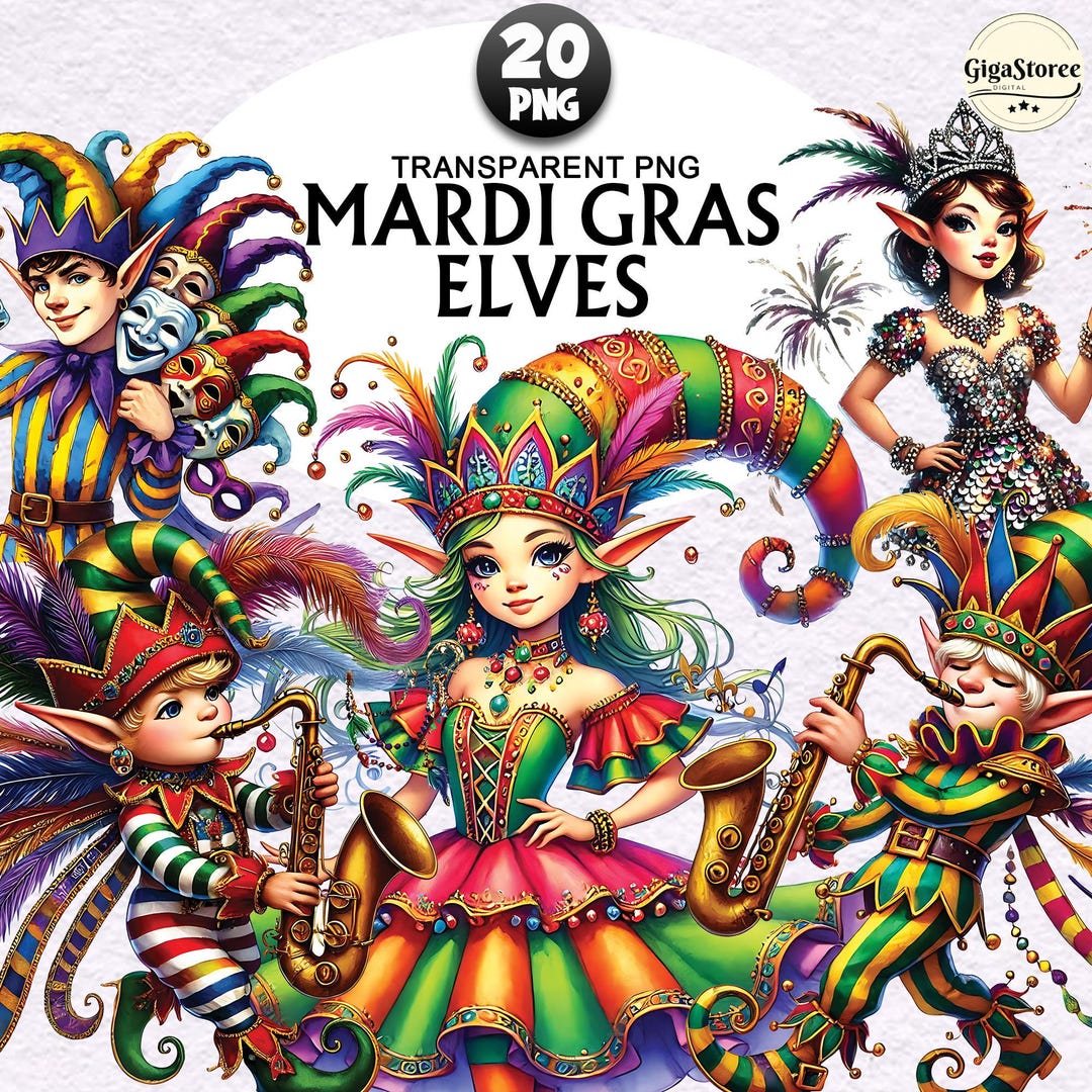 20 Watercolor Mardi Gras Elves Bundle Clipart PNG, Festive Elf PNG ...