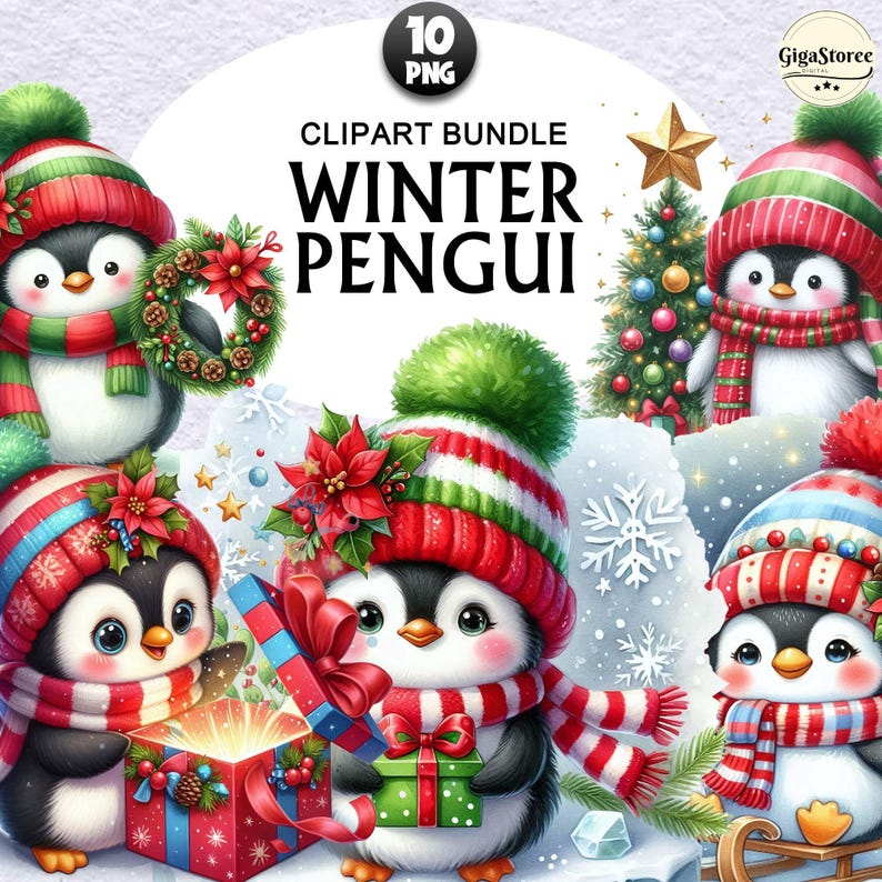 10 Watercolor Winter Penguin Clipart, Christmas Penguin Png Bundle ...