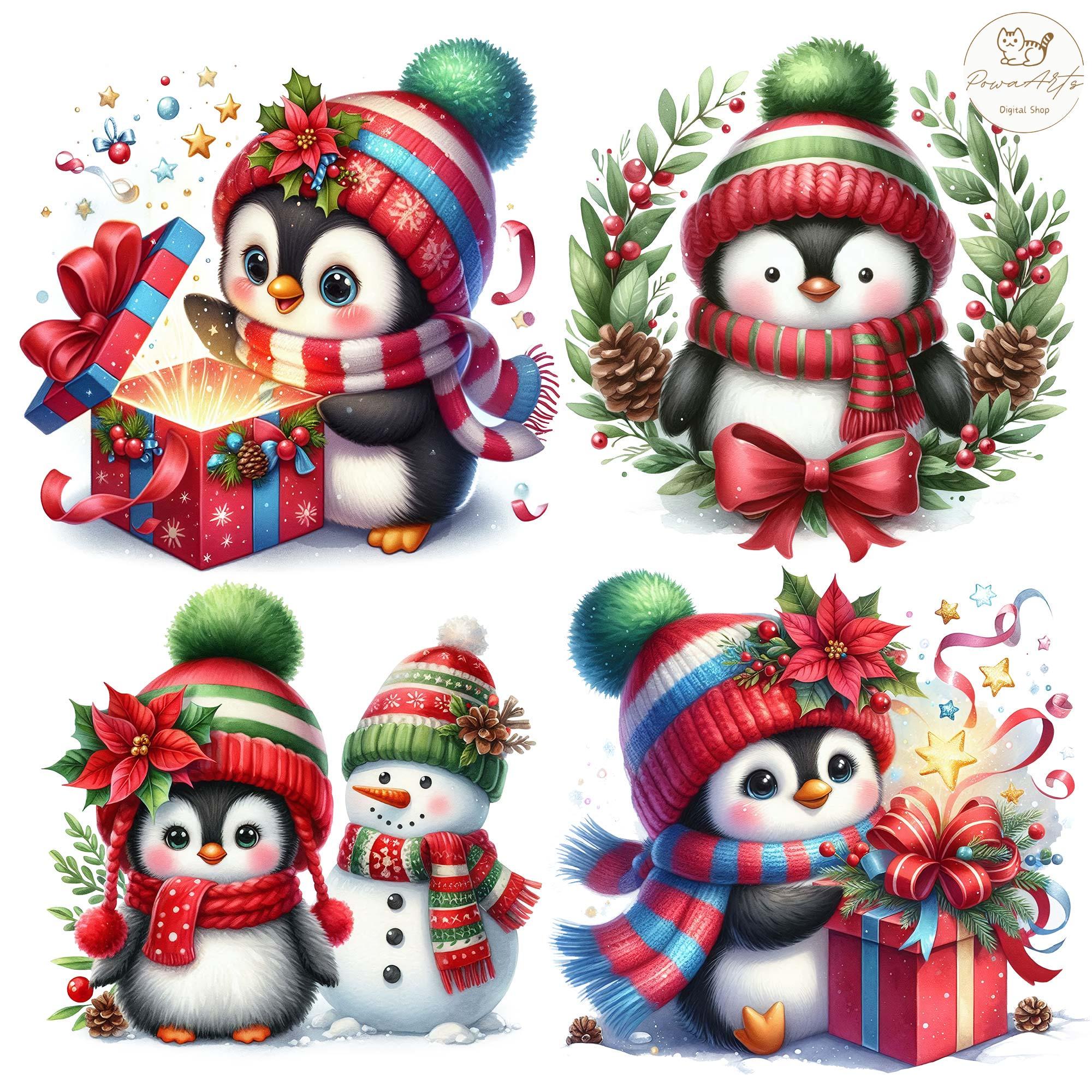 10 Watercolor Winter Penguin Clipart Bundle, Christmas Penguin Png ...