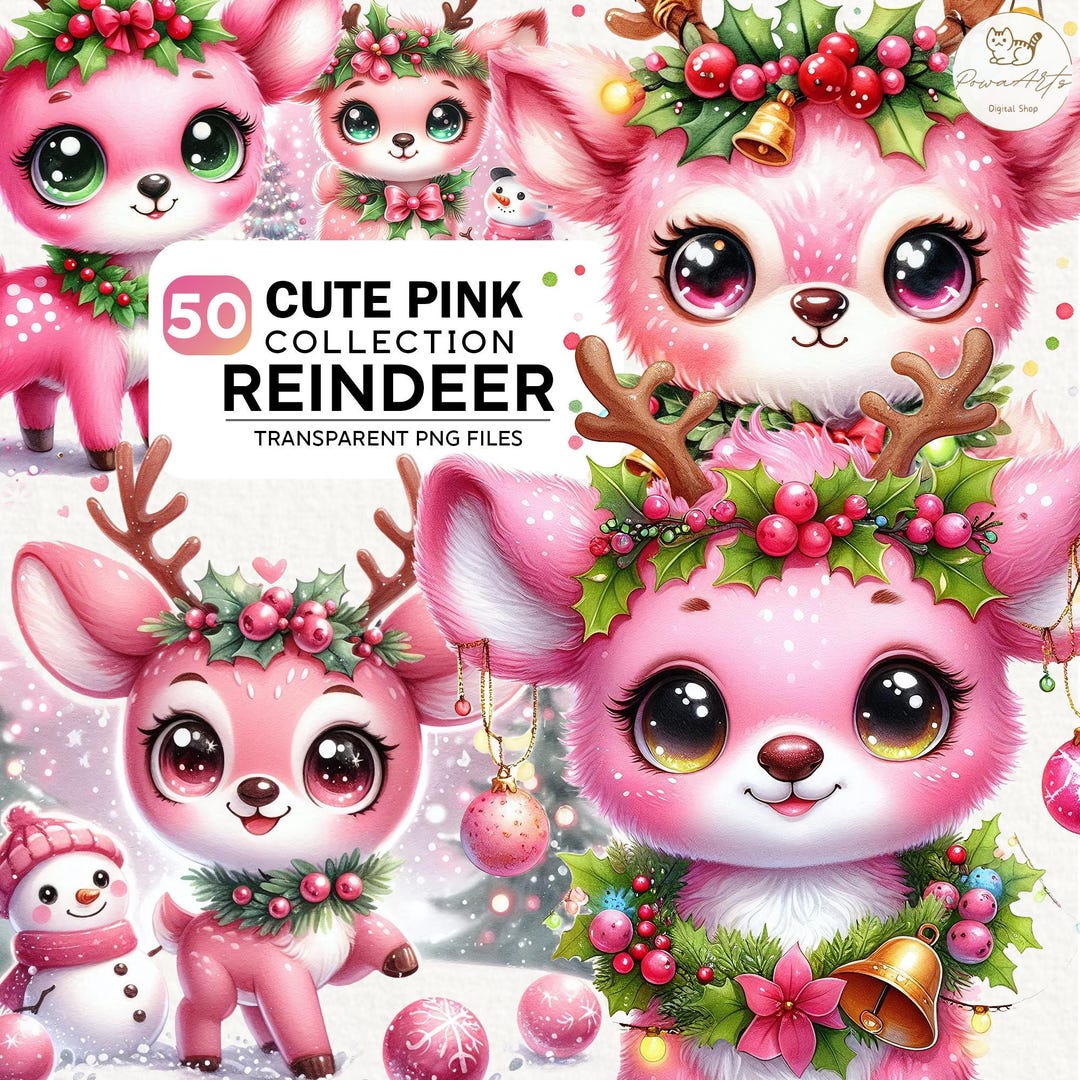 20 Watercolor Cute Pink Reindeer Clipart Bundle, Pink Santa Reindeer ...
