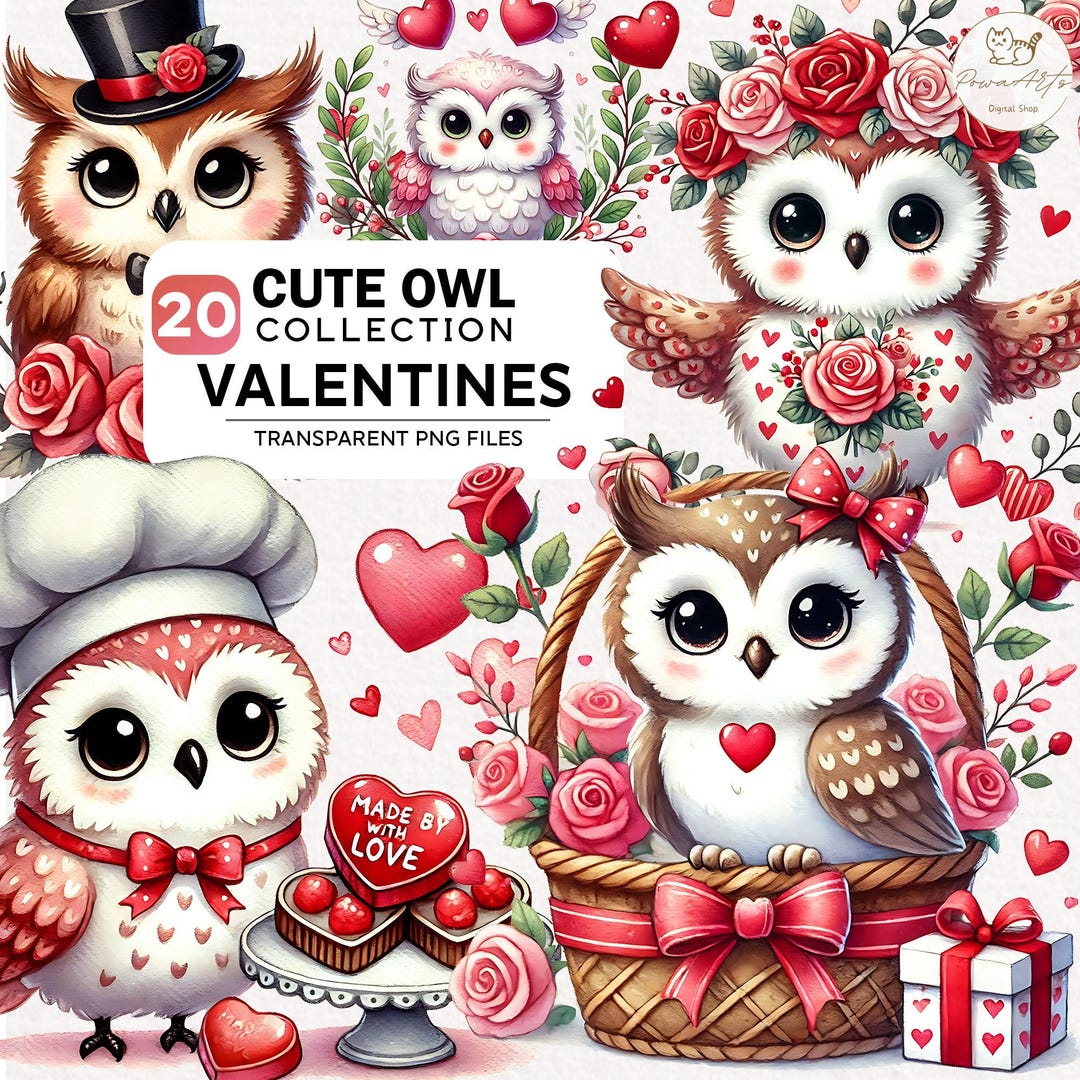 20 Watercolor Cute Valentines Owl Clipart Bundle, Cute Owl Png ...