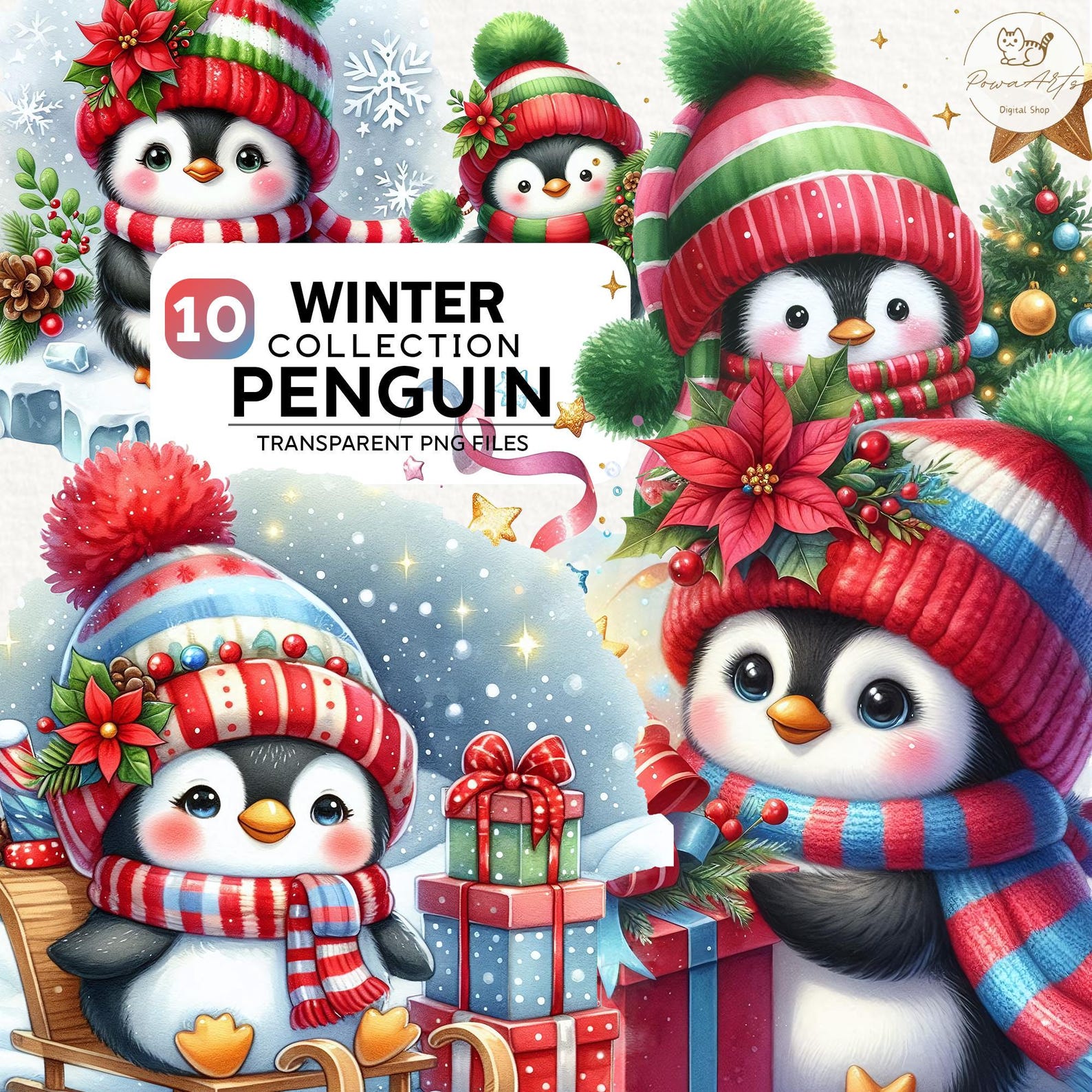 10 Watercolor Winter Penguin Clipart Bundle, Christmas Penguin Png ...