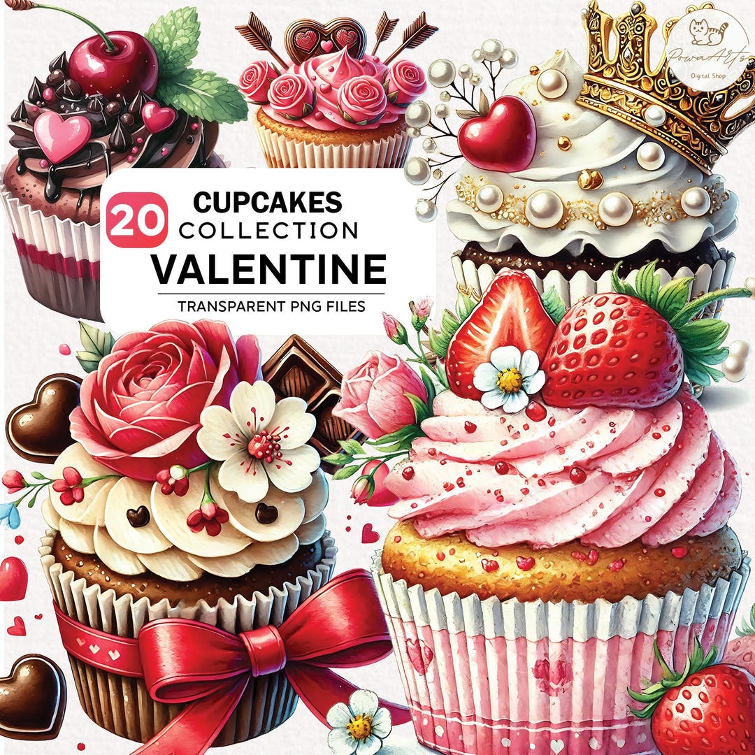 20 Watercolor Valentine Cupcake Clipart Bundle, Love Cupcake Png ...