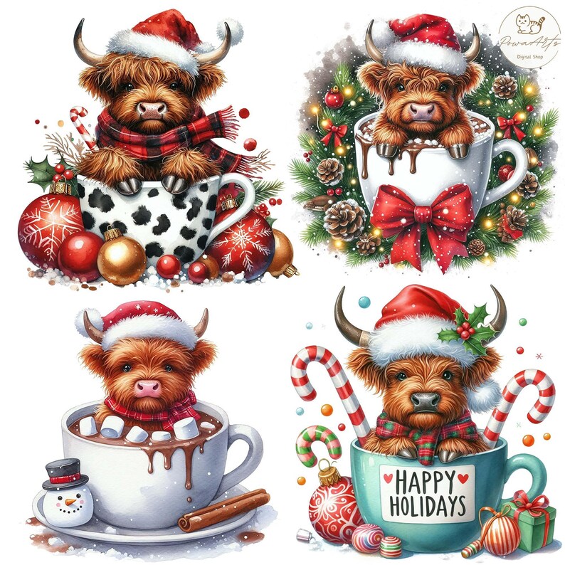 20 Watercolor Hot Cocoa Cows Clipart Bundle, Christmas Highland Cows ...