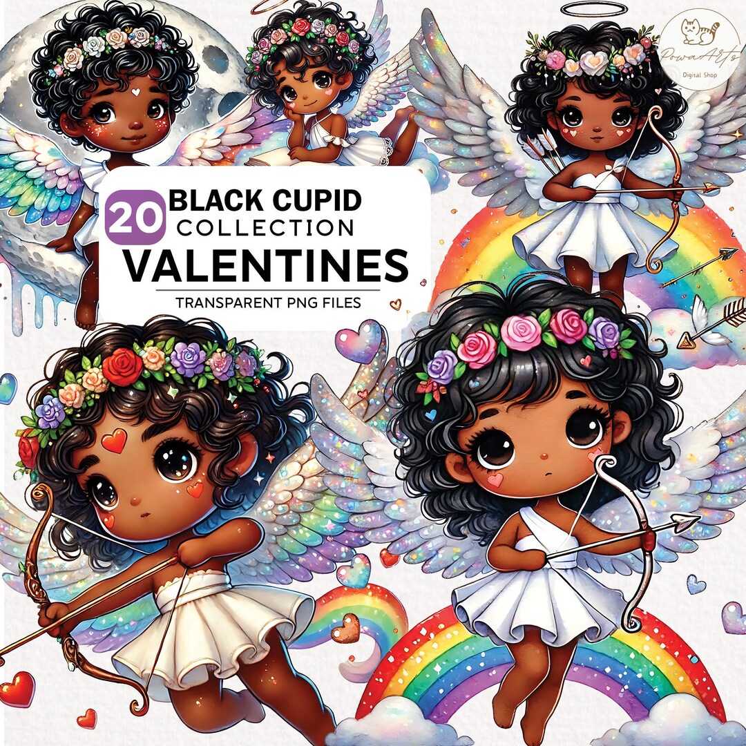 20 Valentine's Chibi Black Cupid Clipart Bundle, African American ...