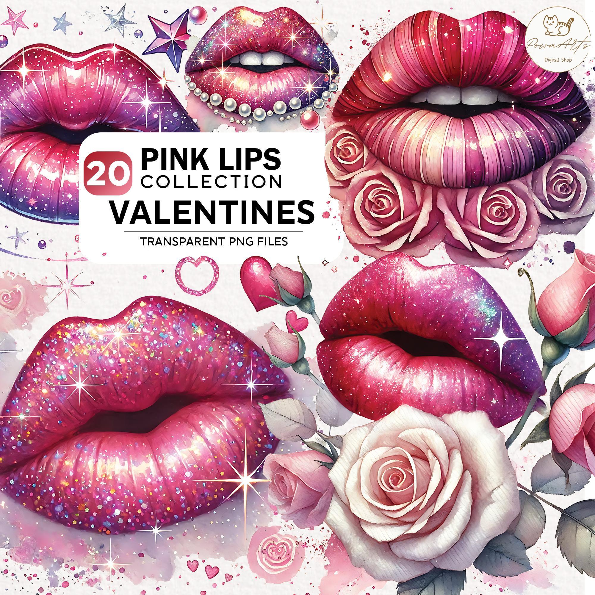 20 Watercolor Pink Valentines Lips Clipart Bundle, Pink Valentines Lips ...