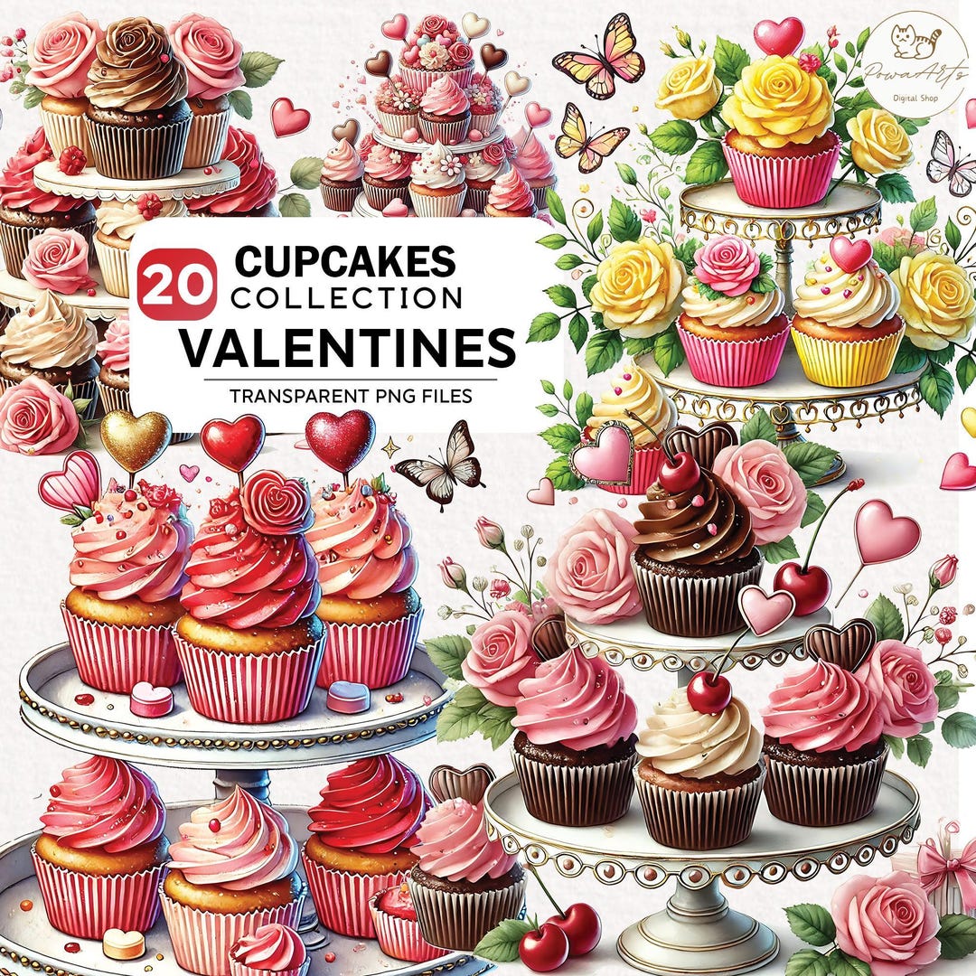 20 Watercolor Valentines Cupcakes Clipart Bundle, Valentines Cupcake ...